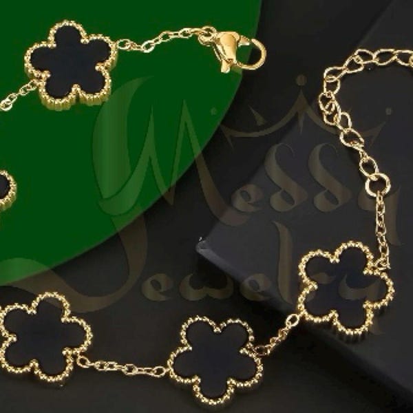 5 Leaf Clover Bracelet Pearl Clover Flower Bracelet Charm Bracelet Onyx ...