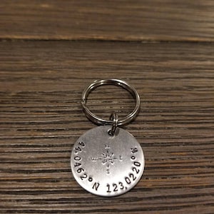 Custom Coordinates Keychain With Compass Rose Hand Stamped Latitude ...