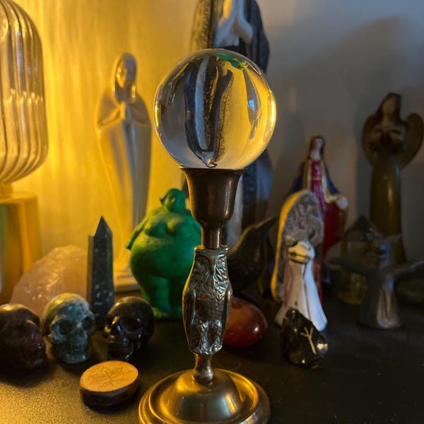 Witch's Familiar Crystal Ball. Obsidian Scrying Orb on a Vintage Brass ...
