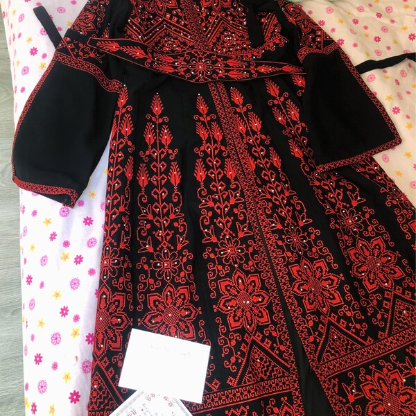 Palestinian Kaftan Thobe Thob Embroidery Black With Red Tatreez Stripes ...