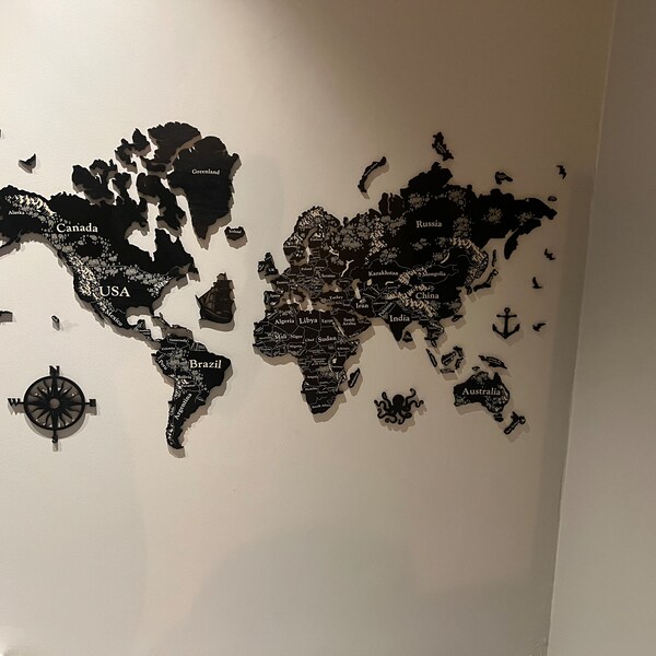 Extra Large Wooden World Map With Borders, Countries, Capitals Engraved ...