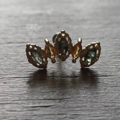 14K Gold Moss Agate Earring Threadless Push Pin Stud Dainty Fan Shape ...