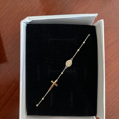 14K Solid Gold Cross Bracelet, Rosary Bracelet for Women, Miraculous ...