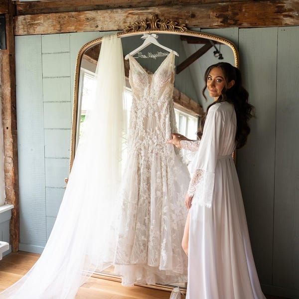 Bridal Robe With Sleeves Bride Robe Long Ivory Robe With Train Robe ...
