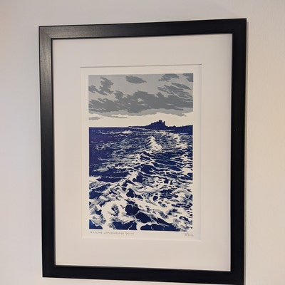 Seascape With Bamburgh Castle 3 Colour Linocut - Etsy UK