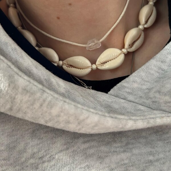 Glass Beads & Cowrie Shells and Puka Shell Beads Necklace, Shell Choker ...