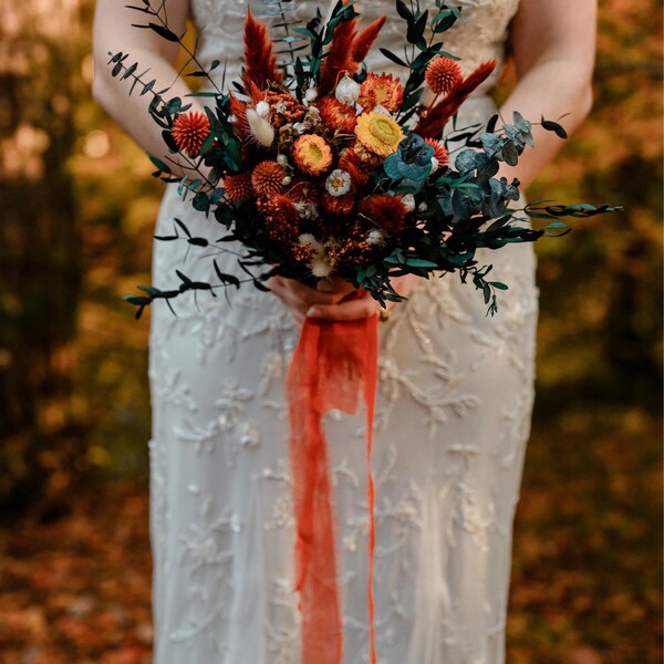 Boho Burnt Orange Dried Flower Bouquet, Burnt Orange Wedding Flowers ...