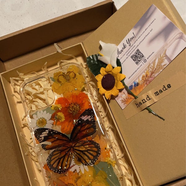 Butterfly Pressed Flowers Case for iPhone 7 8 X XR 11 12 13 14 15 16 ...