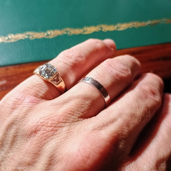 Signet Bezel Set Asscher Cut 8MM Moissanite Ring, Engagement Ring 14K Gold Anniversary Gift for ...