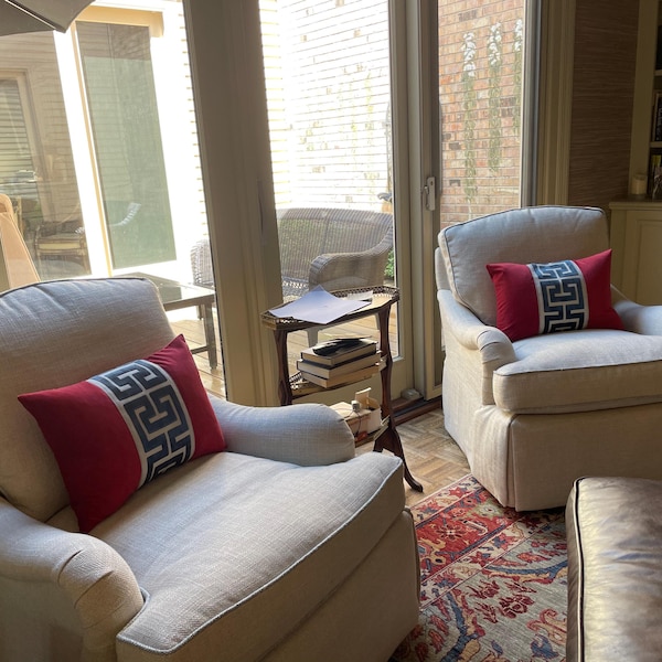 Light Blue Extra Long Lumbar Velvet Pillow Cover With Large GREEN Greek ...