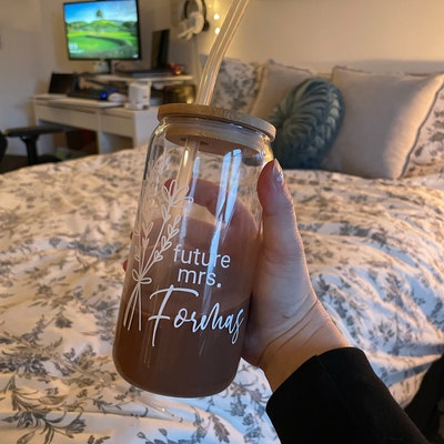 Personalized Future Mrs Glass Can Cup Floral, Custom Engagement Gift ...