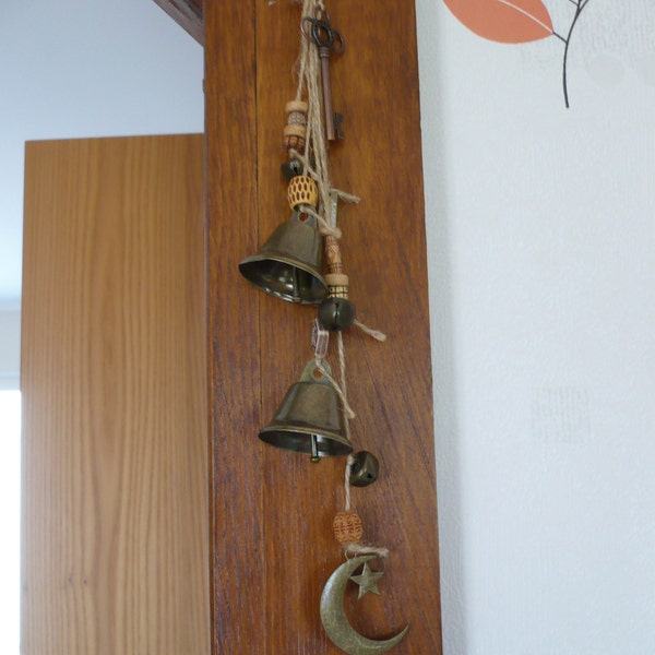 Bells on String, Rustic Windchime, Ceramic Beaded Pendant, Vintage Cow ...