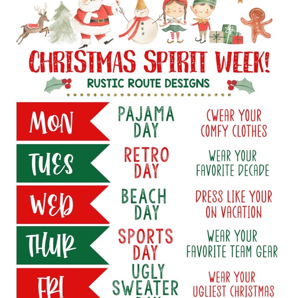 Christmas Spirit Week Template, Spirit Week Schedule, Winter Spirit ...
