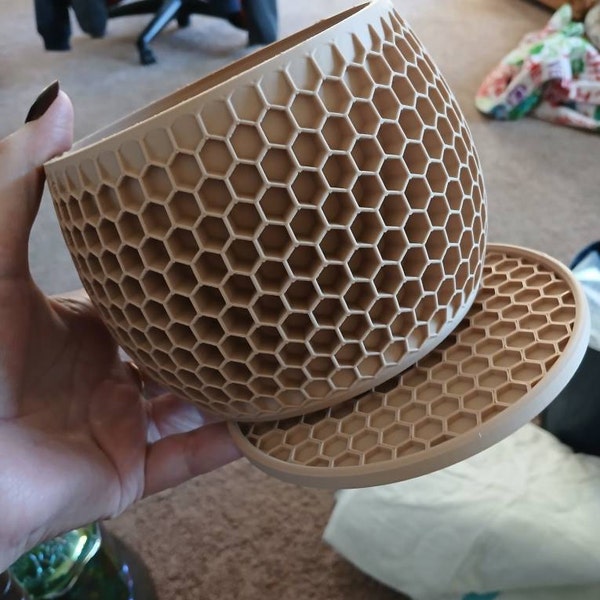 Wood Honeycomb Planter, Unique 3D Printed Plant Pot With Drainage & Saucer for Houseplants, 9 ...