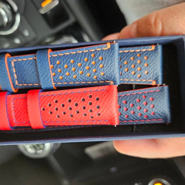 Bespoke Racing Rally Navy Mix Red Epsom Leather Watch Strap, Slim Watch ...