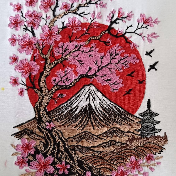 Sakura Mountain Embroidery Design, Fuji Tree Machine Embroidery Pattern ...