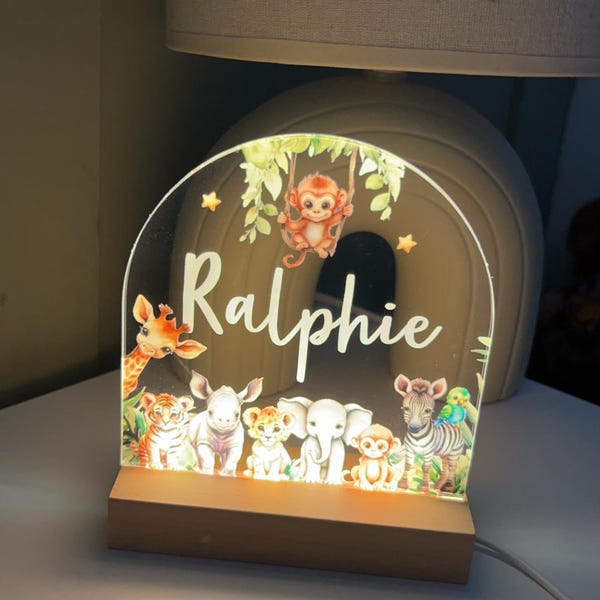 Personalised LED Animal Lamp, Kids Night Light Gift, Safari Jungle ...