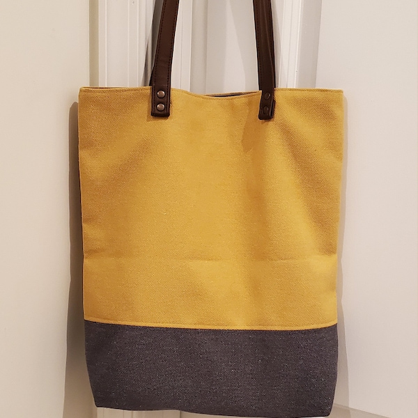 Color Block Cotton Tote Bag: Mustard Yellow & Charcoal Gray, Leather ...