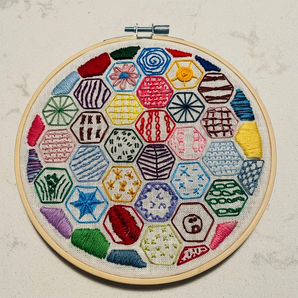Hexagon Sampler, Hand Embroidery PDF Pattern, Embroidery Sampler, Learn ...