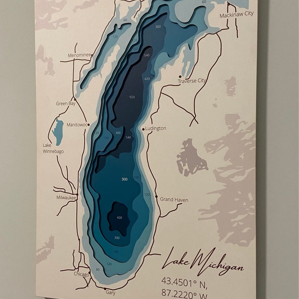 Lake Michigan Map, Watercolor Style Lake Map, 3D Wooden Lake Plan ...