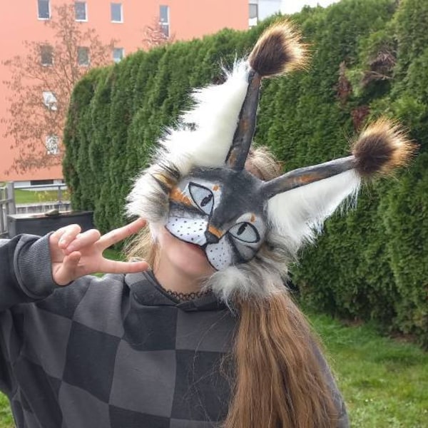 White Gray Cat Mask Fluffy Handmade Mask for Therians Daughter Gift ...