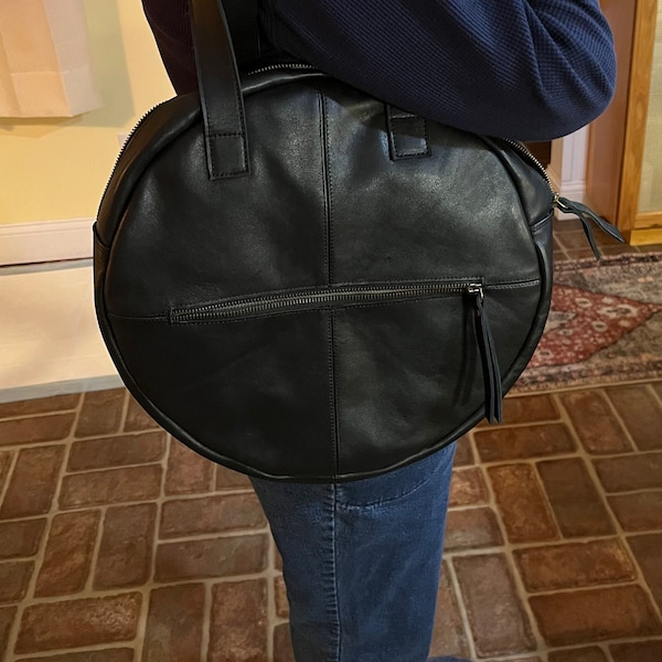 Black Round Leather Bag, Circle Leather Purse, Black Roomy Shoulder Bag ...
