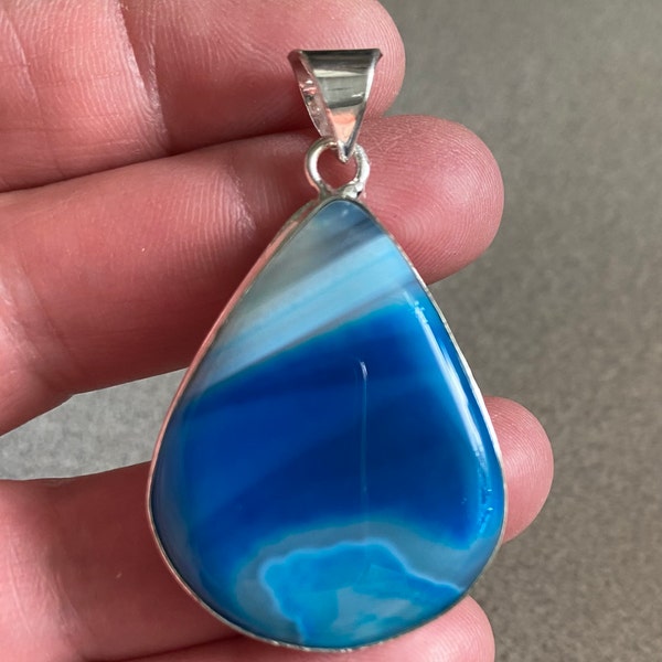 Blue Banded Agate Pendant 925 Sterling Silver Pendant Banded Agate ...