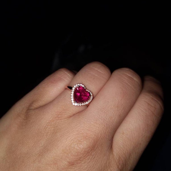 Halo Heart Shaped Genuine Lab Grown Ruby Ring, 2 Carats 8*8mm Red Heart Cut Ruby Engagement Ring ...