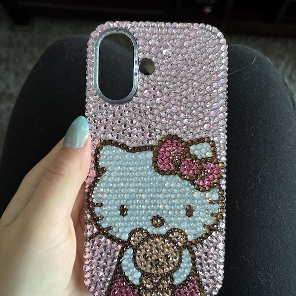 Handmade Blinged Out Glass Rhinestones Pink Bow Kitty Cell Phone Case ...