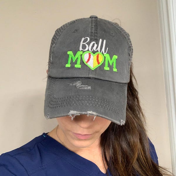 Ball Mom Hat | Distressed Baseball Cap OR Ponytail Hat | Custom Colors ...