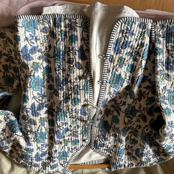 Blue and White Quilted Jacket Women Wear Stripe Piping Handmade Vintage ...