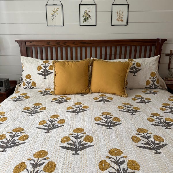 Handmade Yellow White Kantha Quilt With Mustard Marigold Floral ...