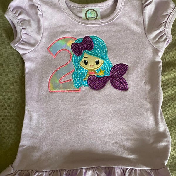 Mermaid Number 2 Two 2nd Birthday Applique 5x7 5x8 6x10 7x12 Machine ...