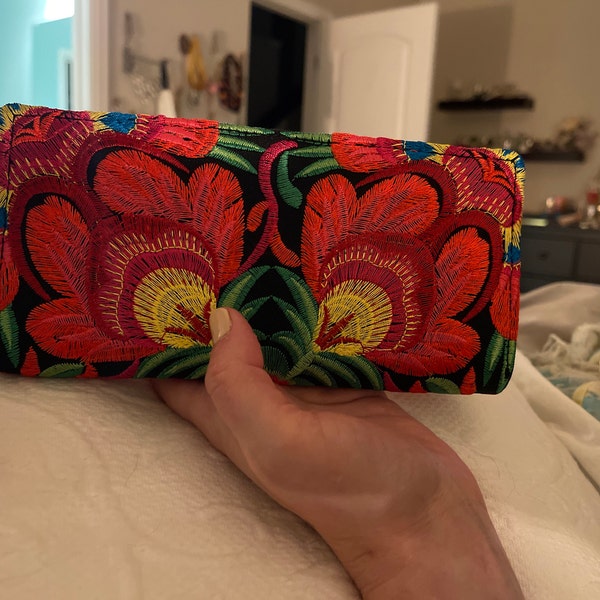 Red Flower Boho Wallet for Women, Hmong Embroidered Purse, Bohemian ...
