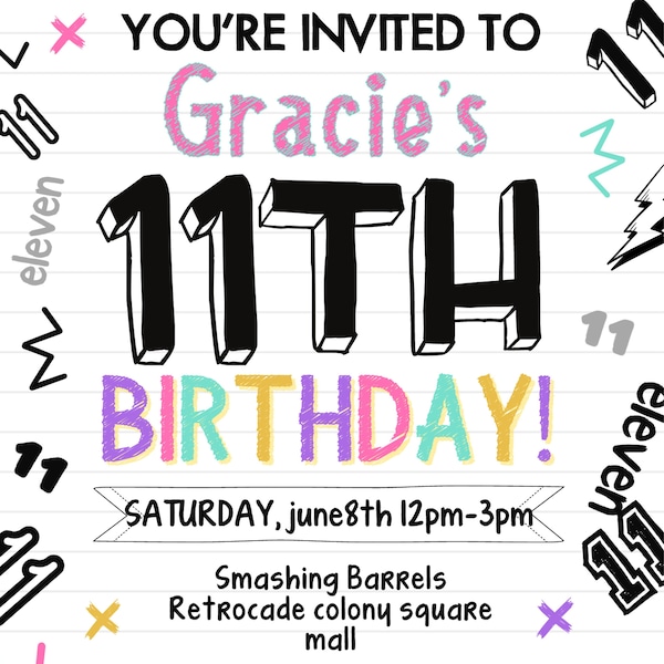 Girl 11th Birthday Invitation: Canva Editable Template (5x7) (digital ...