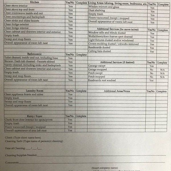 Cleaning Business Form - Office Cleaning Checklist - Etsy