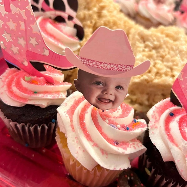 Rodeo Cupcake Toppers With Photo and Pink Cowgirl Hat, Face Cupcake ...