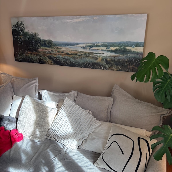 Vintage Spring Meadow Canvas Print: Long Horizontal Landscape Wall Art ...