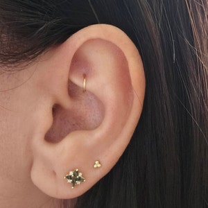 14K Gold Moss Agate Earring Threadless Push Pin Stud Dainty Fan Shape ...