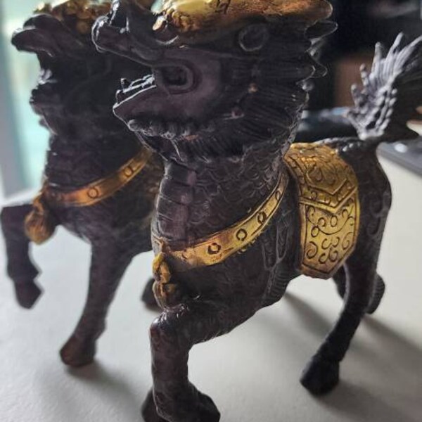 A Pair Brass Lion Foo Dogs Statue Lucky Animal Figures Fengshui Peking ...