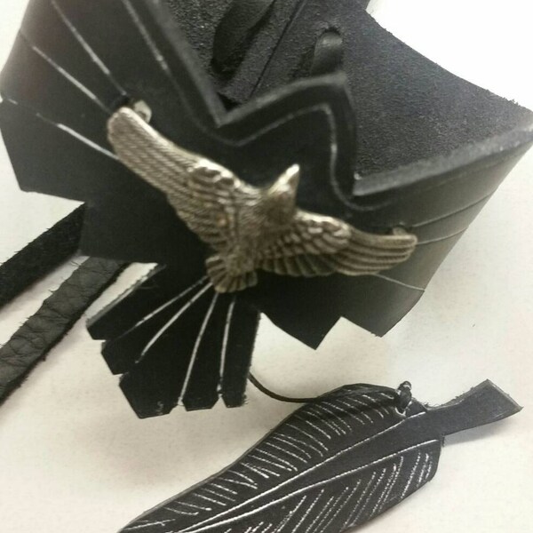 CORVUS Leather Driking Horn Holder Black Raven Fantasy LARP Sca Pagan ...