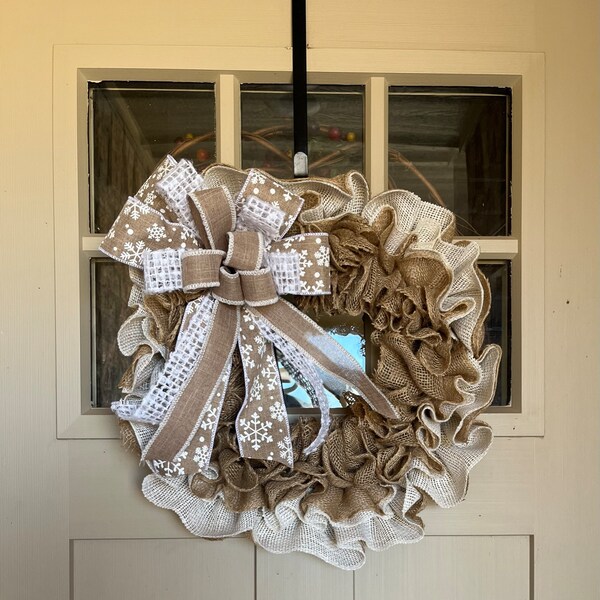 Winter Burlap Wreath for Front Door, Snowflake Christmas Wreath ...