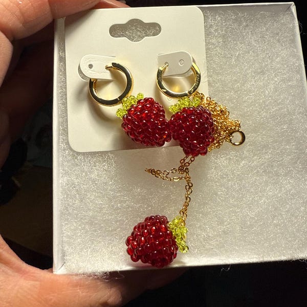 Beaded Raspberry Earrings With Gold or Silver Huggie | 3D Handmade ...