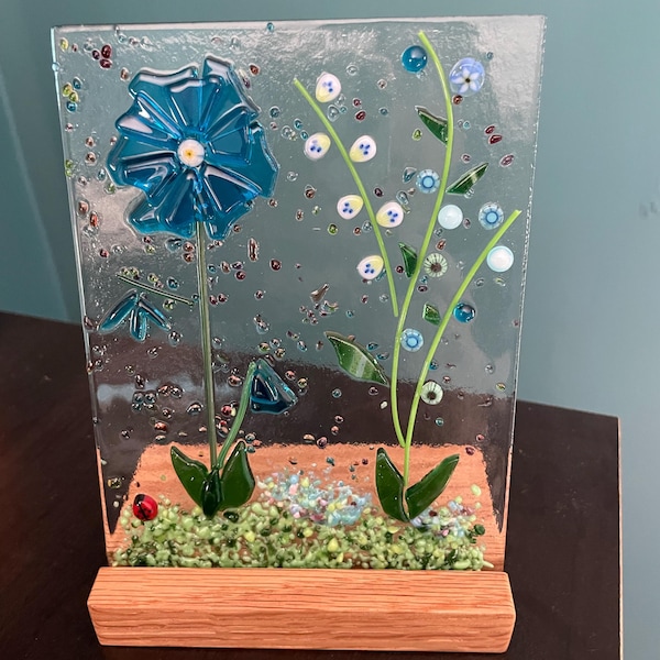 Blue Frilly Fused Glass Flower Garden With Wooden Stand, Fused Glass ...