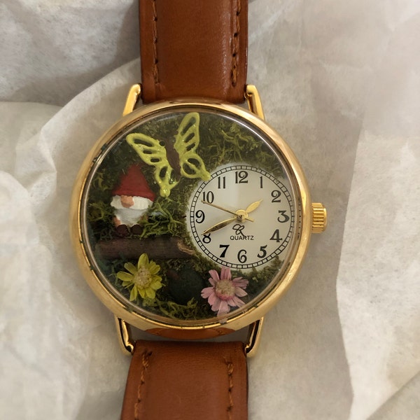 Gnome Watch With Cute Little Gnome Sitting on a Log, Greenery, Flowers ...