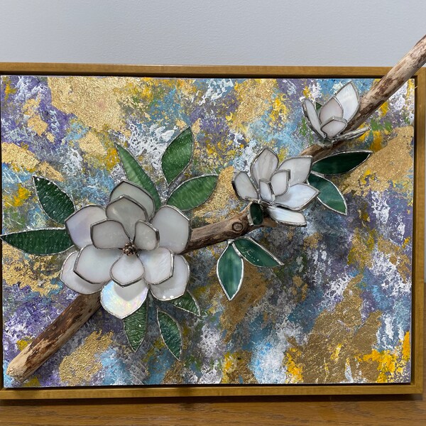 Stained Glass Flower Mirror hydrangea Wall Decor Wooden Frame. Art ...