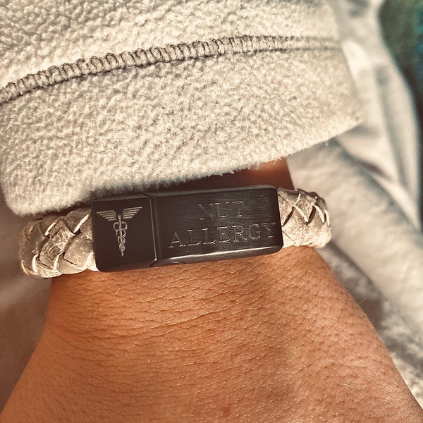 Red Medical Alert ID Bracelet With Soft Leather - Personalised, Any ...