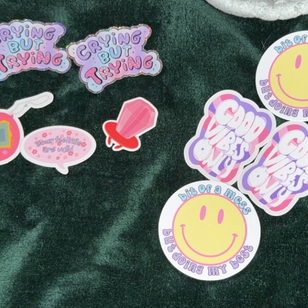 Crying but Trying Glitter Sticker, Waterproof & Digitally Illustrated ...