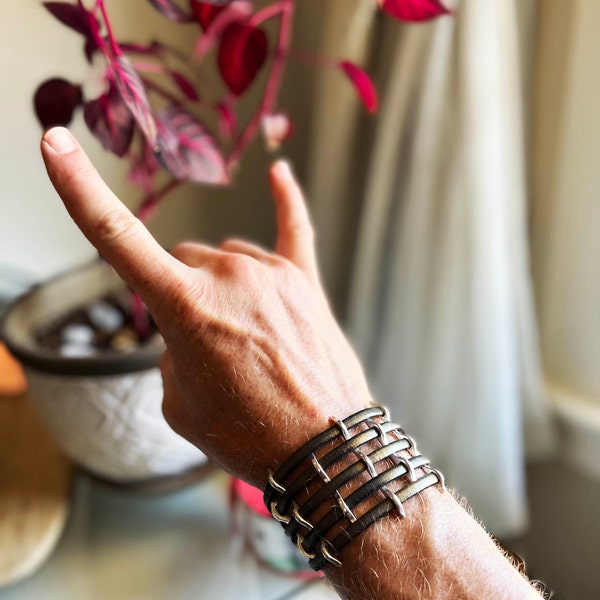The Defender Bold and Edgy Statement Leather and Silver Cuff Bracelet ...