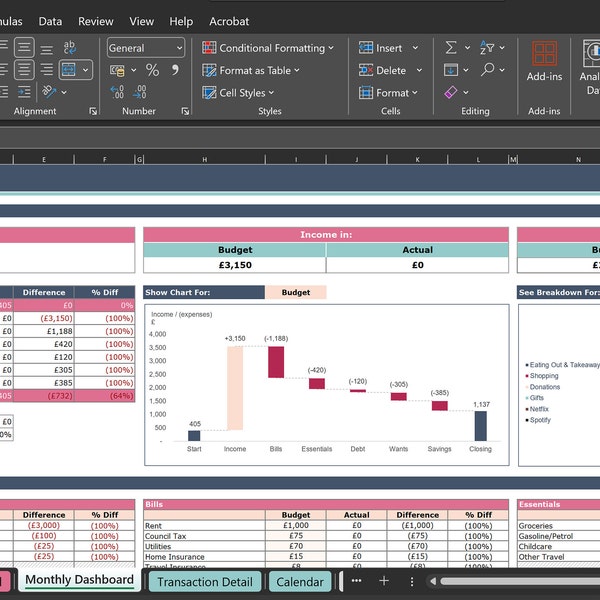 Monthly Budget Smart Calendar Spreadsheet Finance Tracker - Google ...